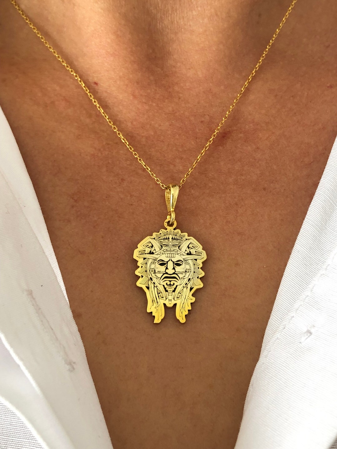 14K Solid Gold Aztec Calendar Necklace // Calendar Pendant // Mayan ...