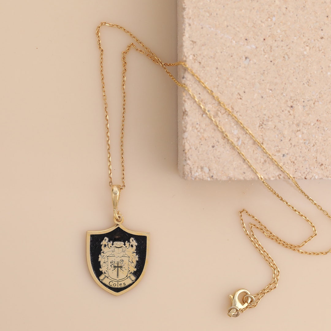 14K Solid Gold Crest Necklace // Family Crest Pendant Family Crest ...