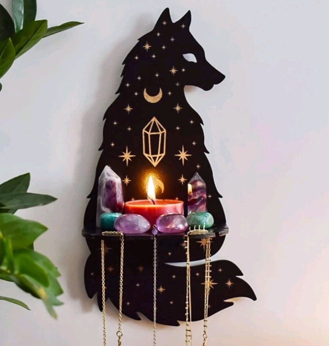 Wooden Shelf Wall Mount Wolf Cat Hamsa Wall Hanging Spiritual Boho Home ...