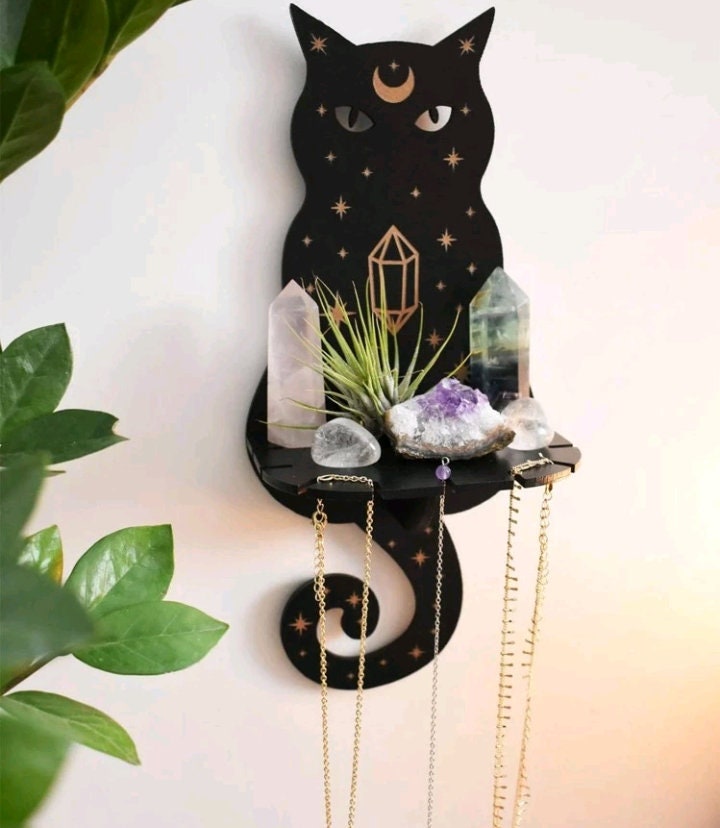 Wooden Shelf Wall Mount Wolf Cat Hamsa Wall Hanging Spiritual Boho Home ...