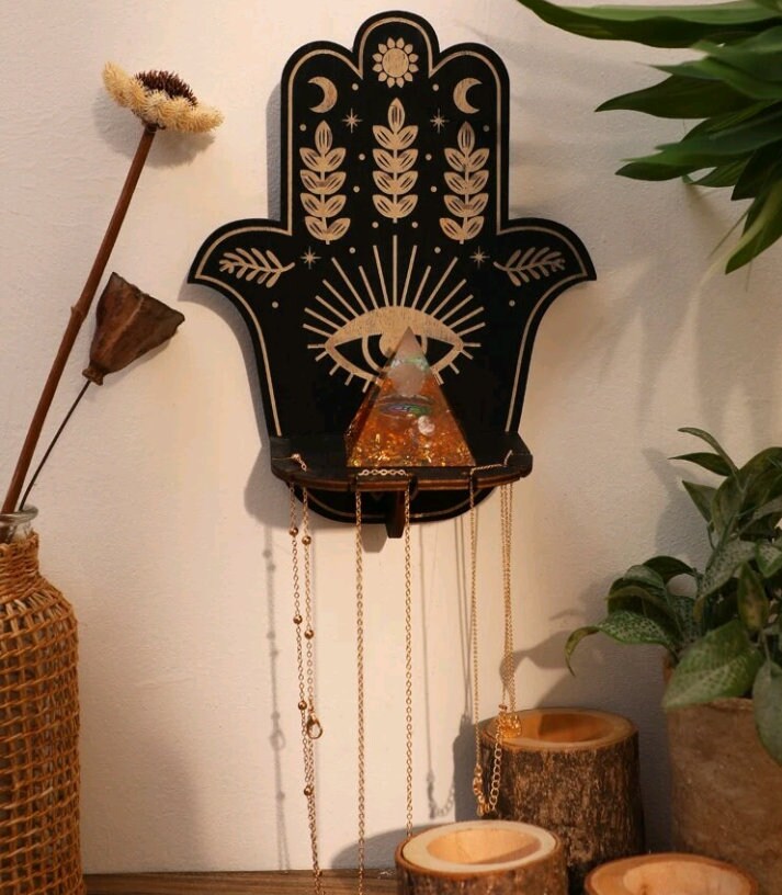 Wooden Shelf Wall Mount Wolf Cat Hamsa Wall Hanging Spiritual Boho Home ...