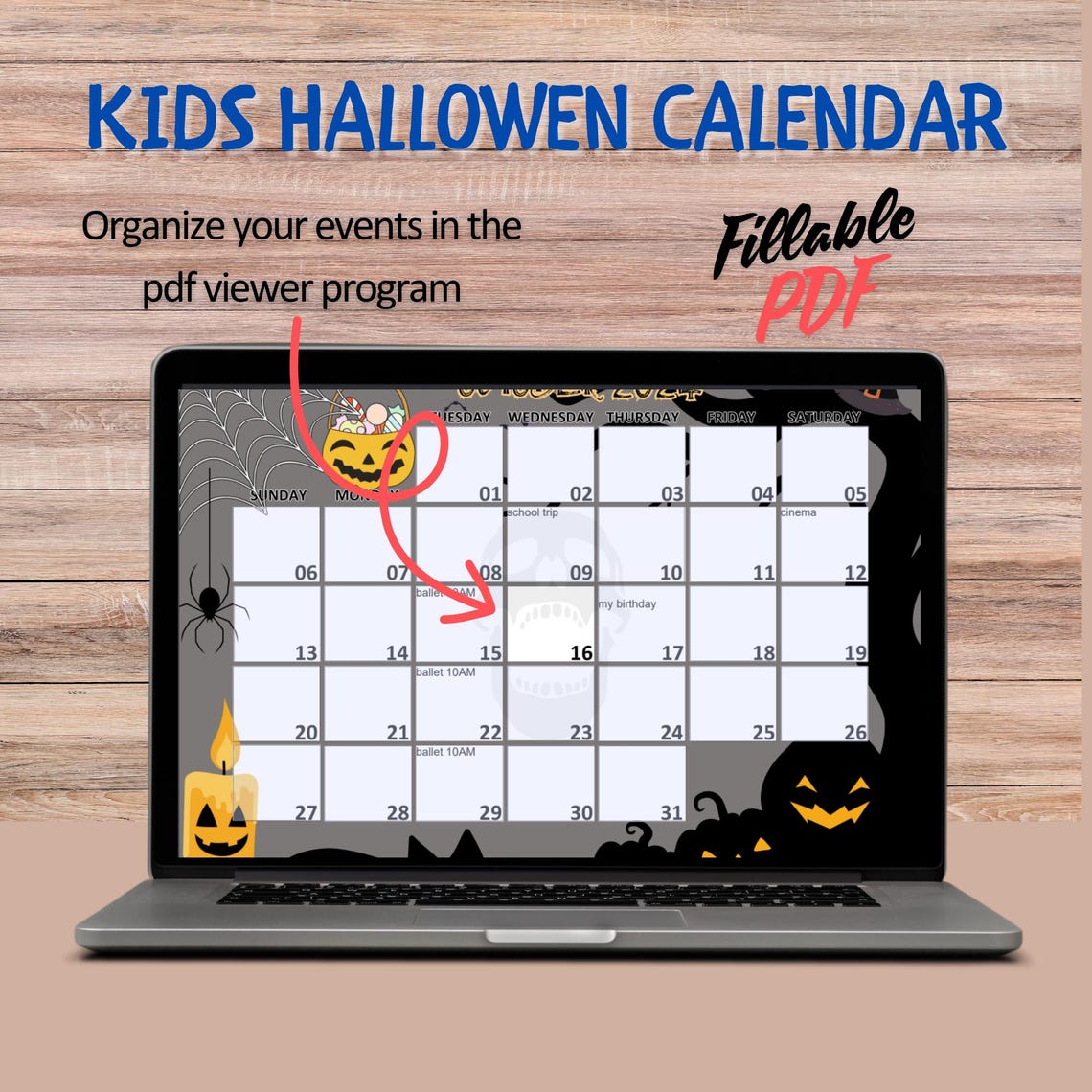 Calendario de Halloween para niños editable de octubre de 2024 ...