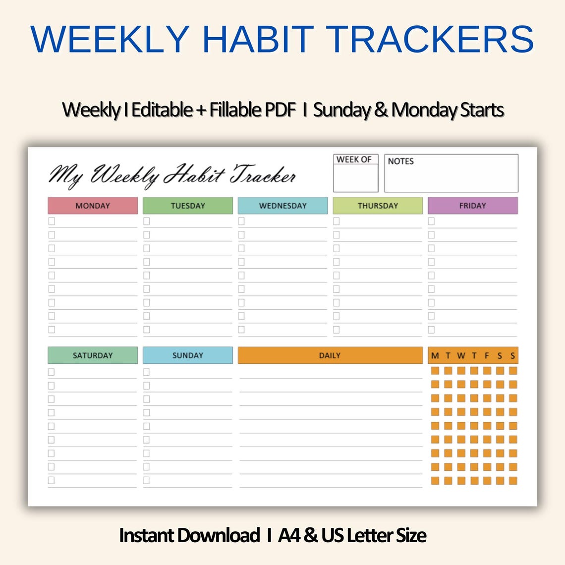 Weekly Habit Tracker Template | Printable Editable | A4/letter Sizes ...
