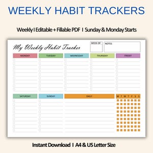 Weekly Habit Tracker Template | Printable Editable | A4/letter Sizes ...