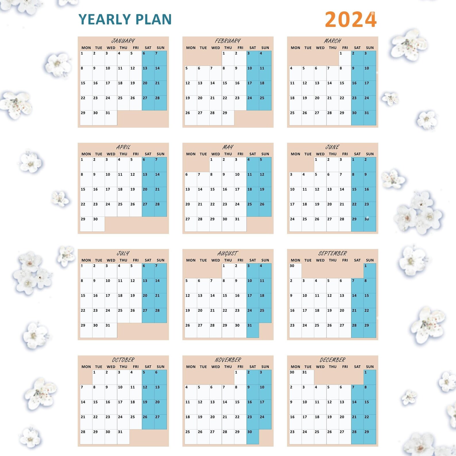Wall Calendar Planner 2024, Digital PDF Instant Download, Year Calendar ...