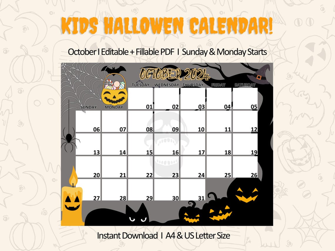 Calendario de Halloween para niños editable de octubre de 2024 ...