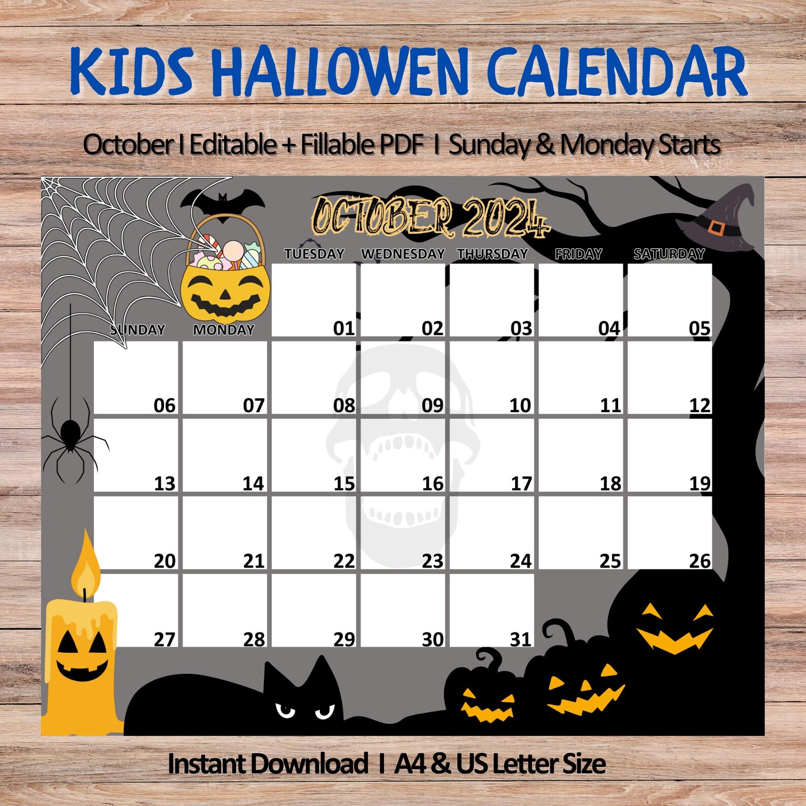 Calendario de Halloween para niños editable de octubre de 2024 ...