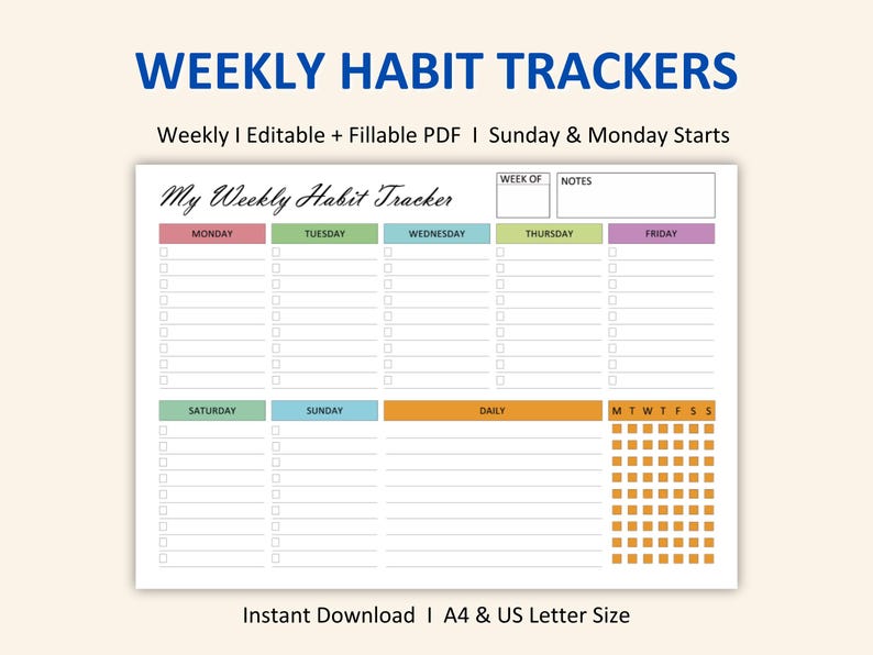 Weekly Habit Tracker Template | Printable Editable | A4/letter Sizes ...