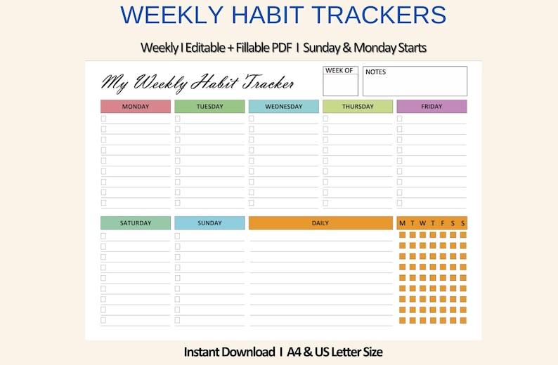 Weekly Habit Tracker Template | Printable Editable | A4/letter Sizes ...