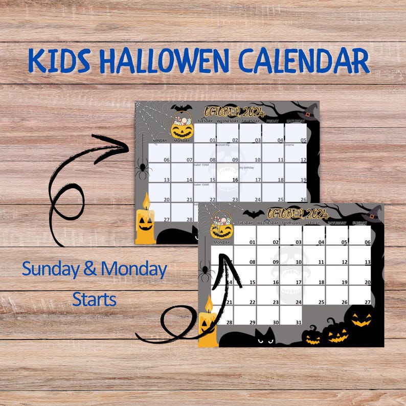 Calendario de Halloween para niños editable de octubre de 2024 ...