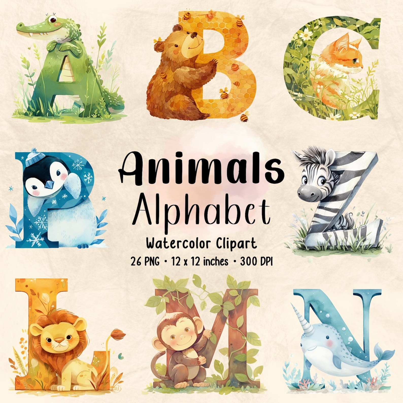 Watercolor Animals Alphabet for Kids | Animals Clipart | Clipart Bundle ...