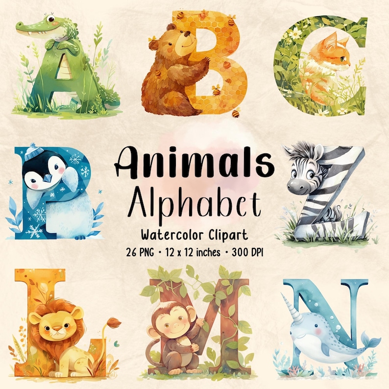 Watercolor Animals Alphabet for Kids | Animals Clipart | Clipart Bundle ...