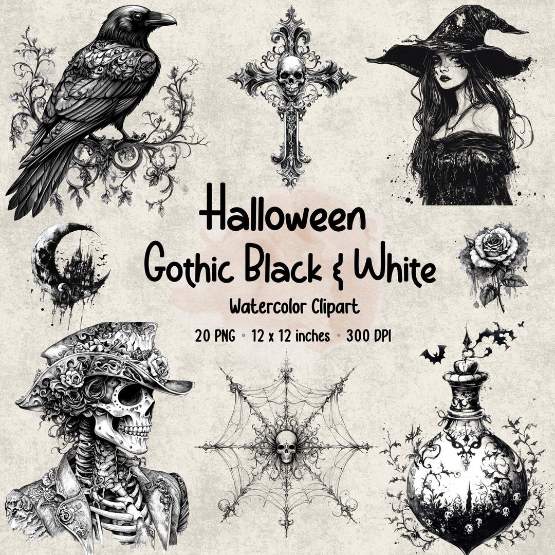 Gothic Halloween Clipart: Black & White Watercolor PNG (digital ...