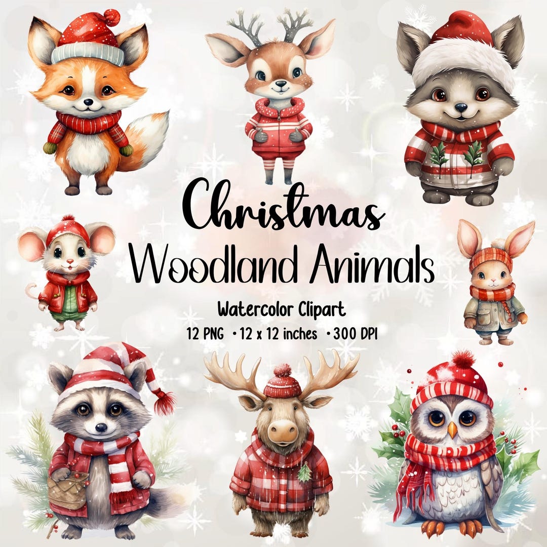 Christmas Watercolor Woodland Animals Clipart Bundle (PNG Digital ...