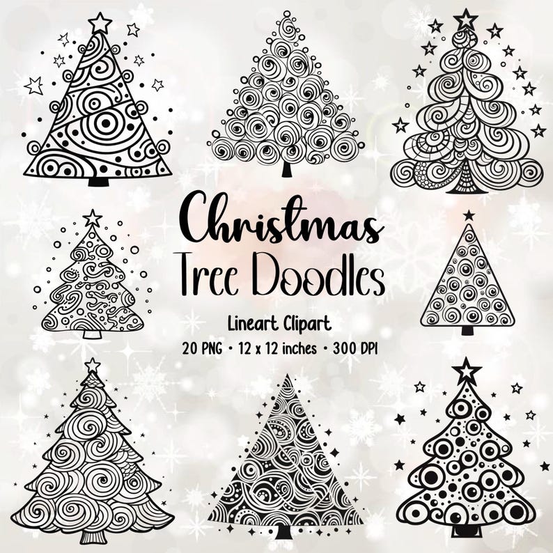 Christmas Tree Doodles | Lineart | Clipart Bundle | Christmas Trees ...
