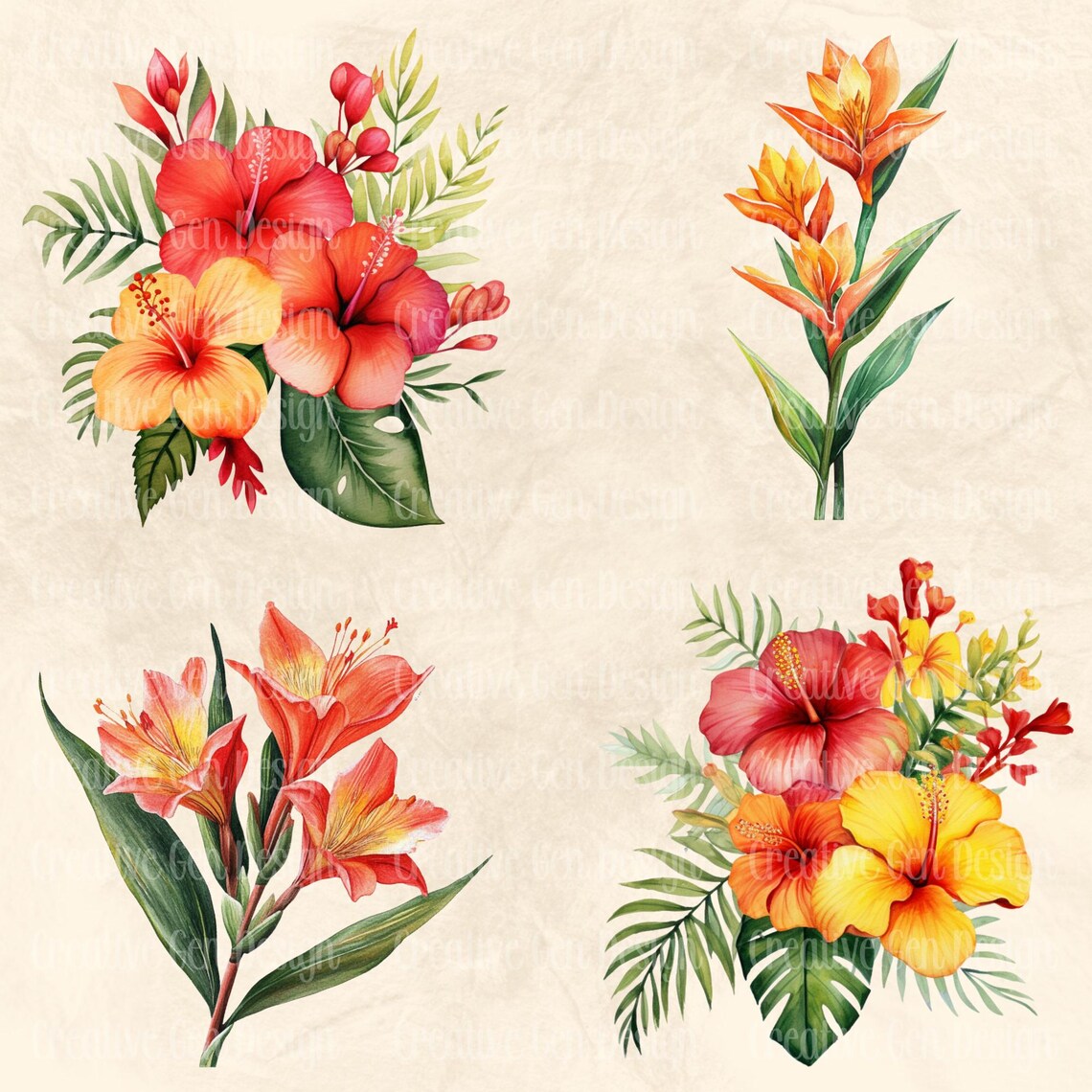 Tropical Flower Watercolor Clipart: PNG Floral Bundle (digital Download ...