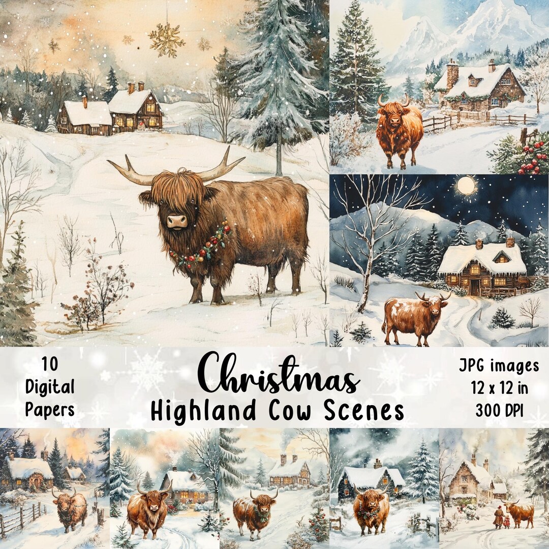 Highland Cow Christmas Watercolor Scenes: Digital Paper Pack (JPG Files ...