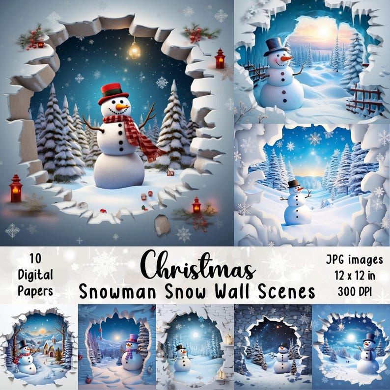 Snowman Snow Wall Scenes | Digital Paper Pack | Christmas Scene ...