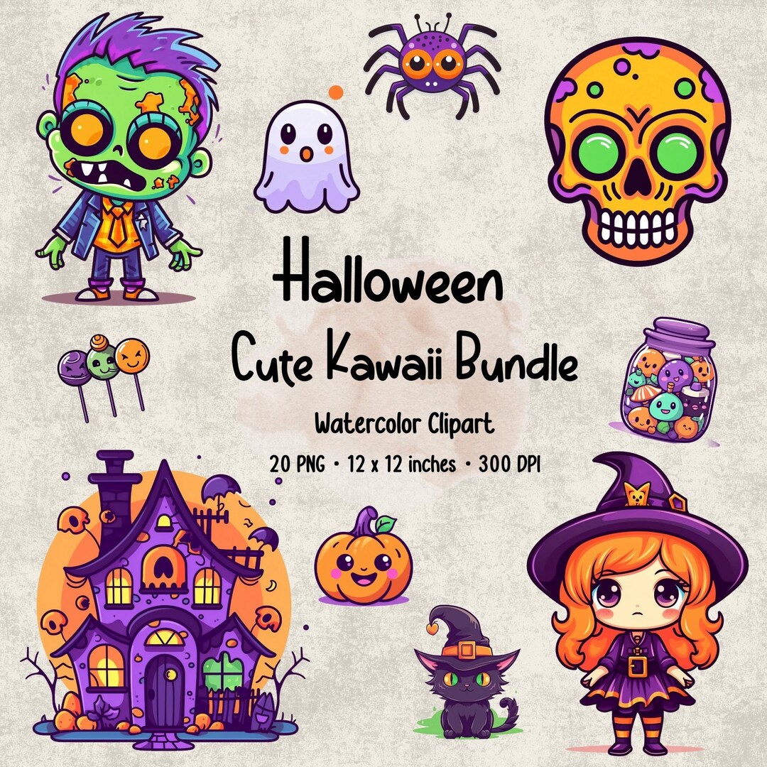 Halloween Cute Watercolor Kawaii Clipart | Watercolor | Clipart Bundle ...