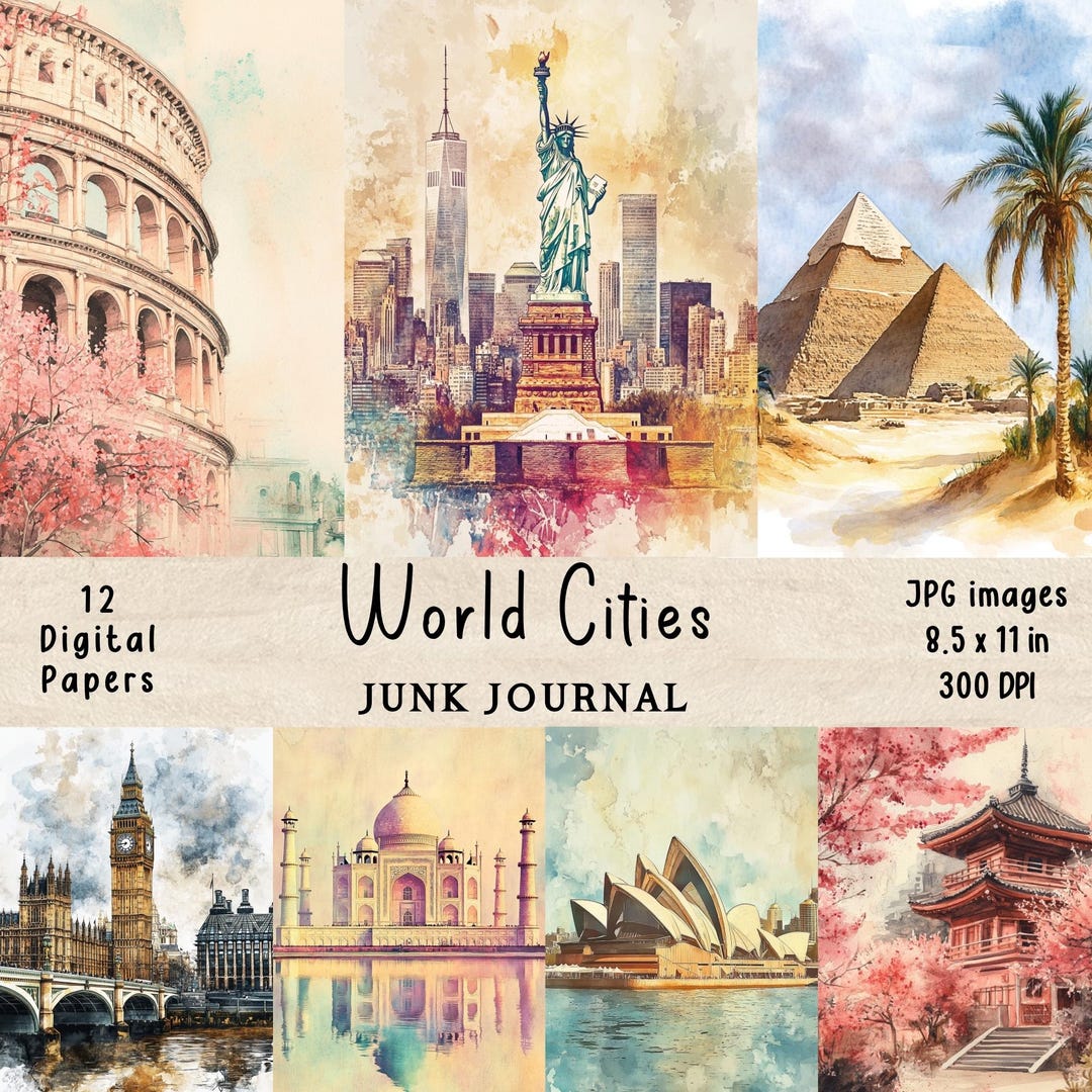 Vintage World Cities Junk Journal Pages: Watercolor Cityscapes (JPG ...