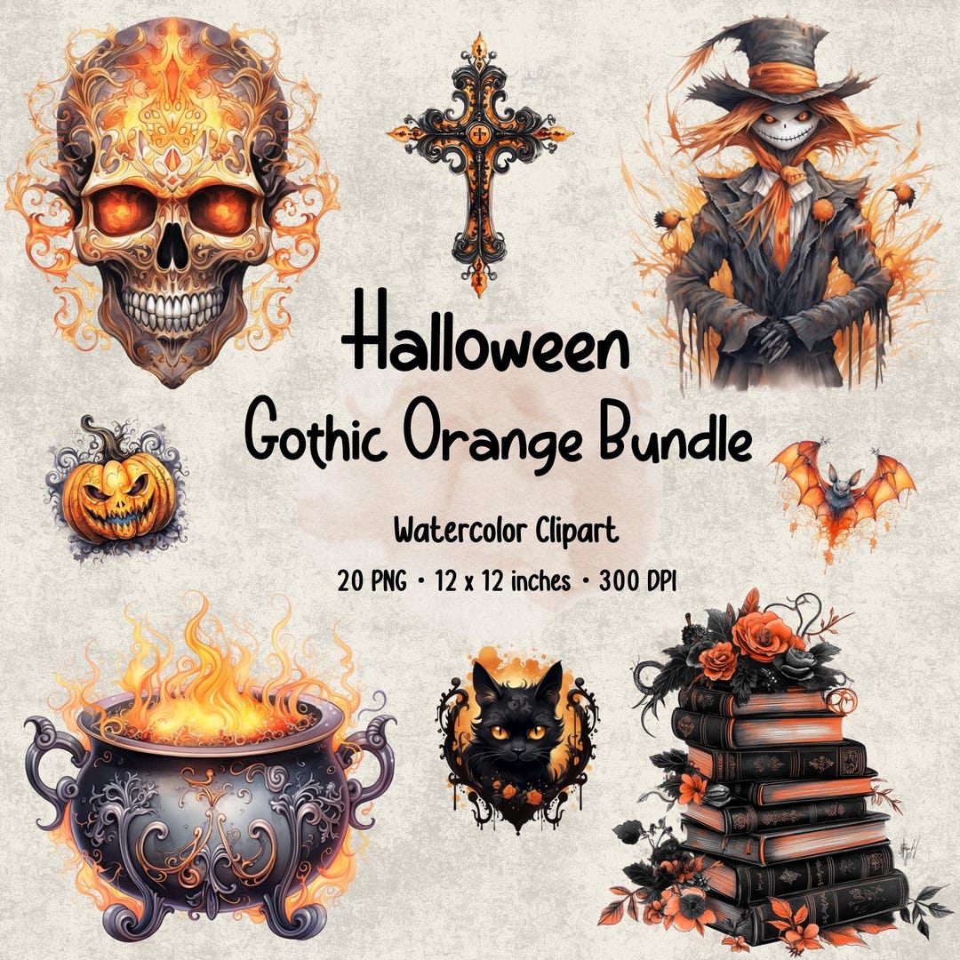 Halloween Gothic Orange Clipart | Watercolor Gothic | Gothic Clipart ...