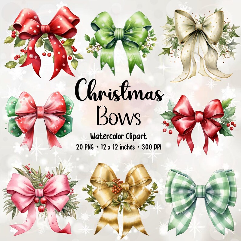 Watercolor Christmas Bows | Coquette Bow | Clipart Bundle | Cute Bow ...