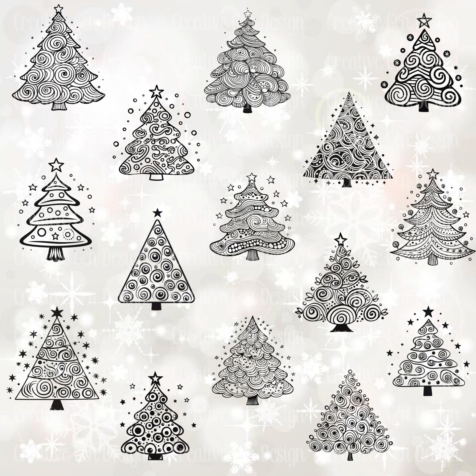 Christmas Tree Doodles | Lineart | Clipart Bundle | Christmas Trees ...