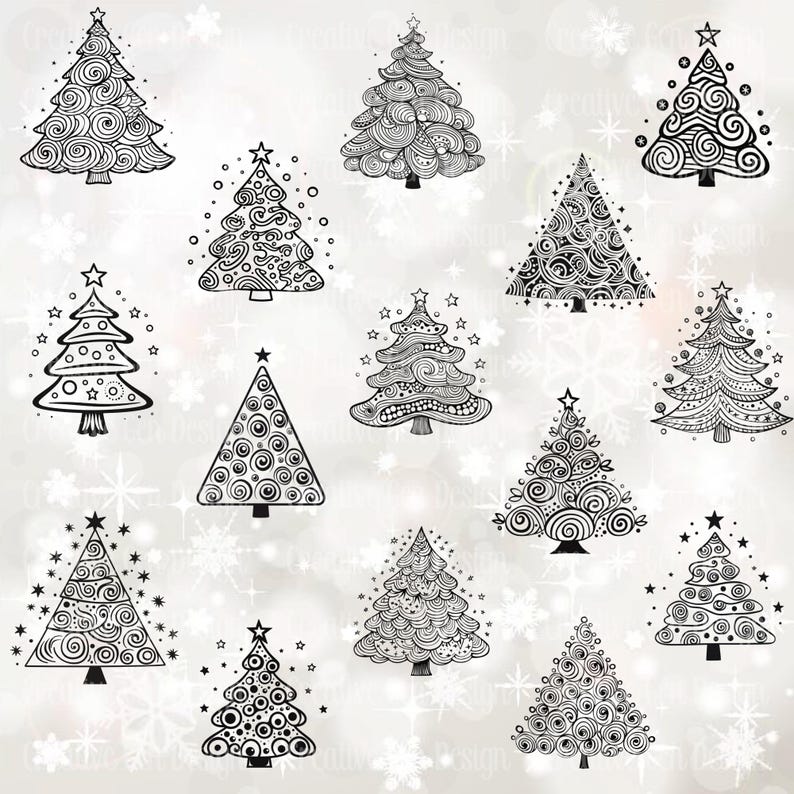 Christmas Tree Doodles Lineart Clipart Bundle Christmas Trees Christmas ...