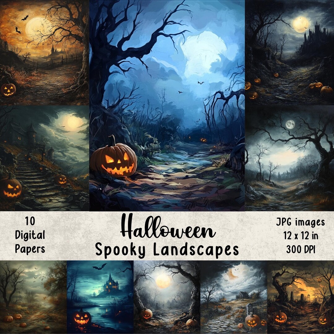 Spooky Halloween Landscape Digital Paper Pack: 12x12 Scrapbook Backgrounds (JPG) - Etsy