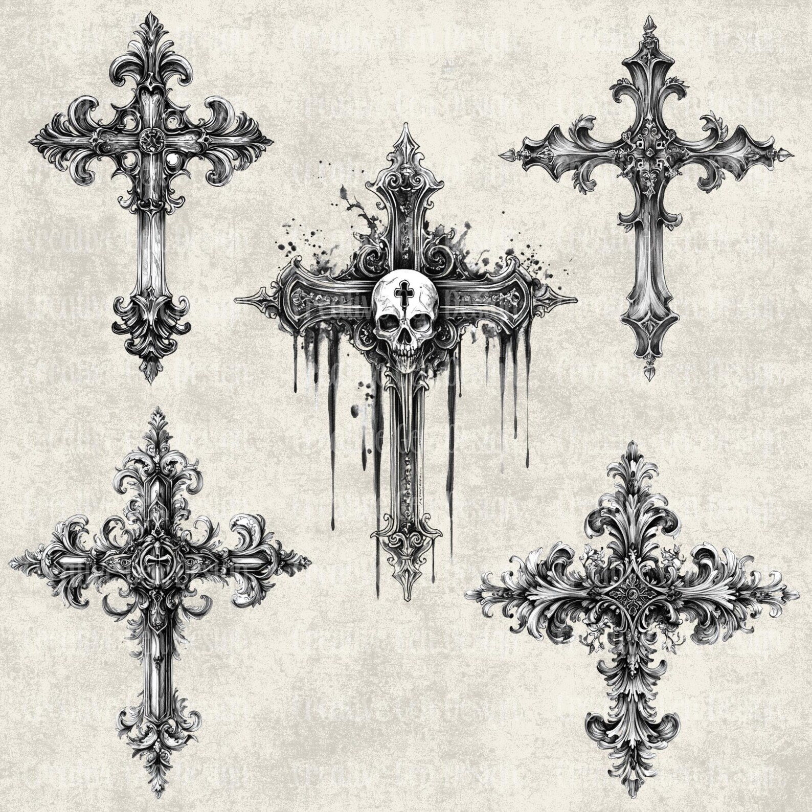 Gothic Halloween Black & White Crosses Clipart | Watercolor Gothic ...