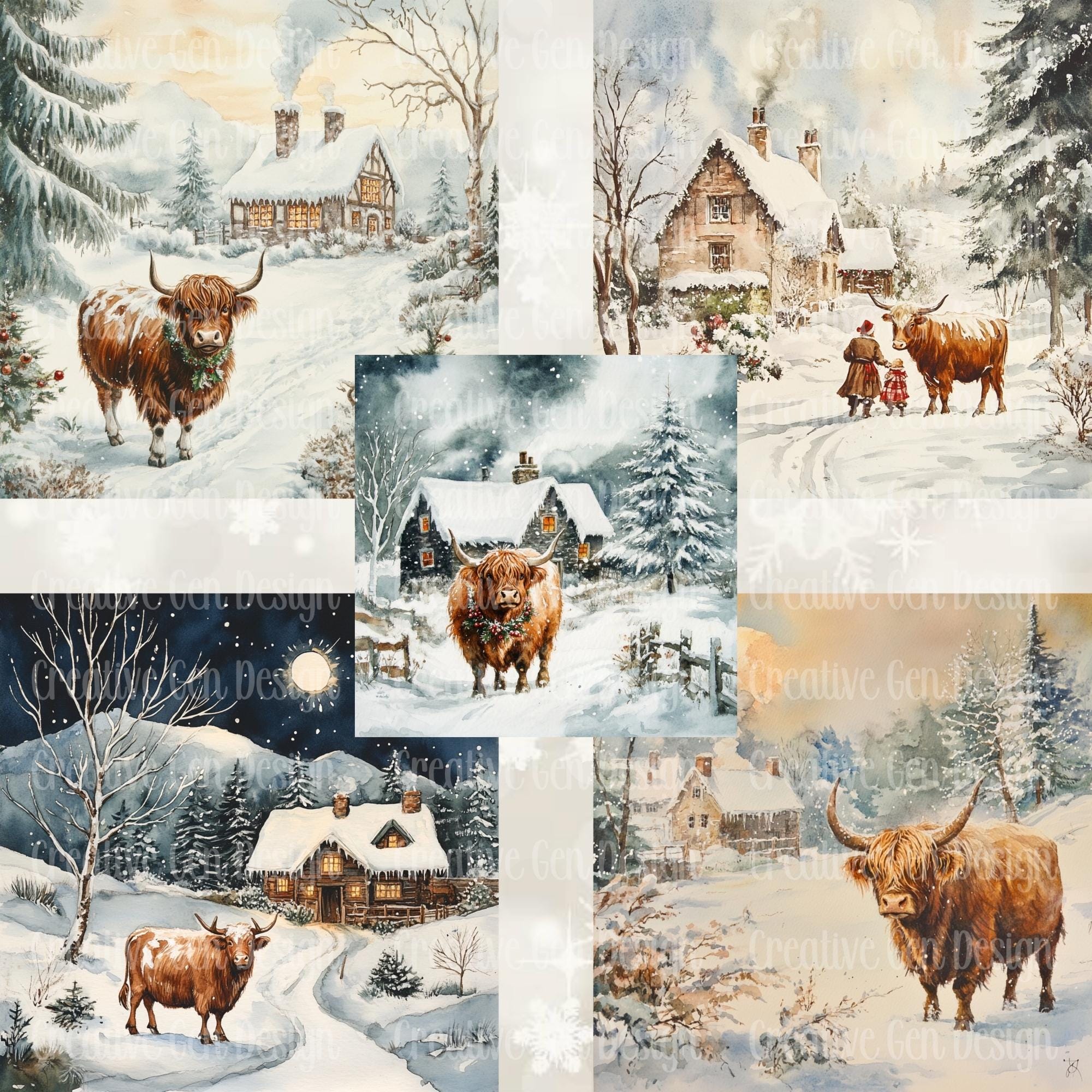 Highland Cow Christmas Watercolor Scenes: Digital Paper Pack (JPG Files ...