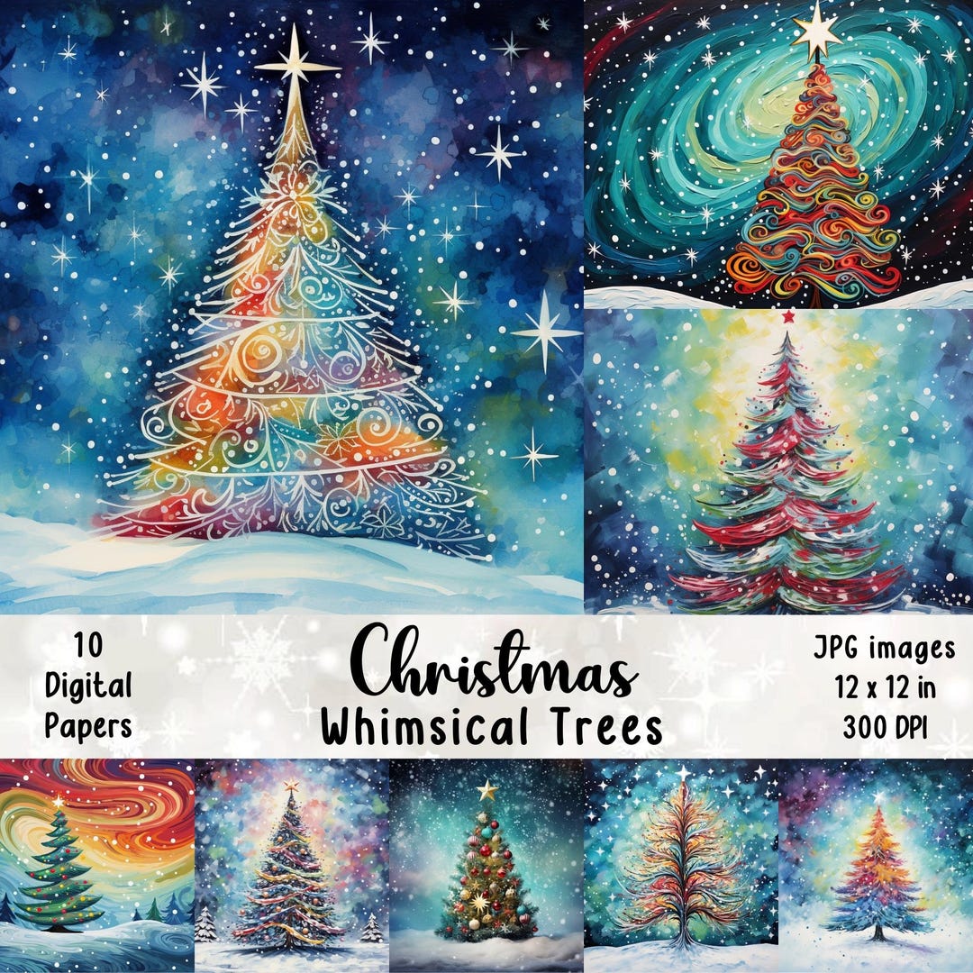Whimsical Christmas Tree Digital Paper Pack: Scrapbook Backgrounds (JPG ...