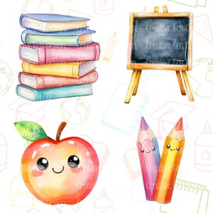 Pastel School Supplies Clipart: Watercolor Kawaii PNG Bundle (digital ...