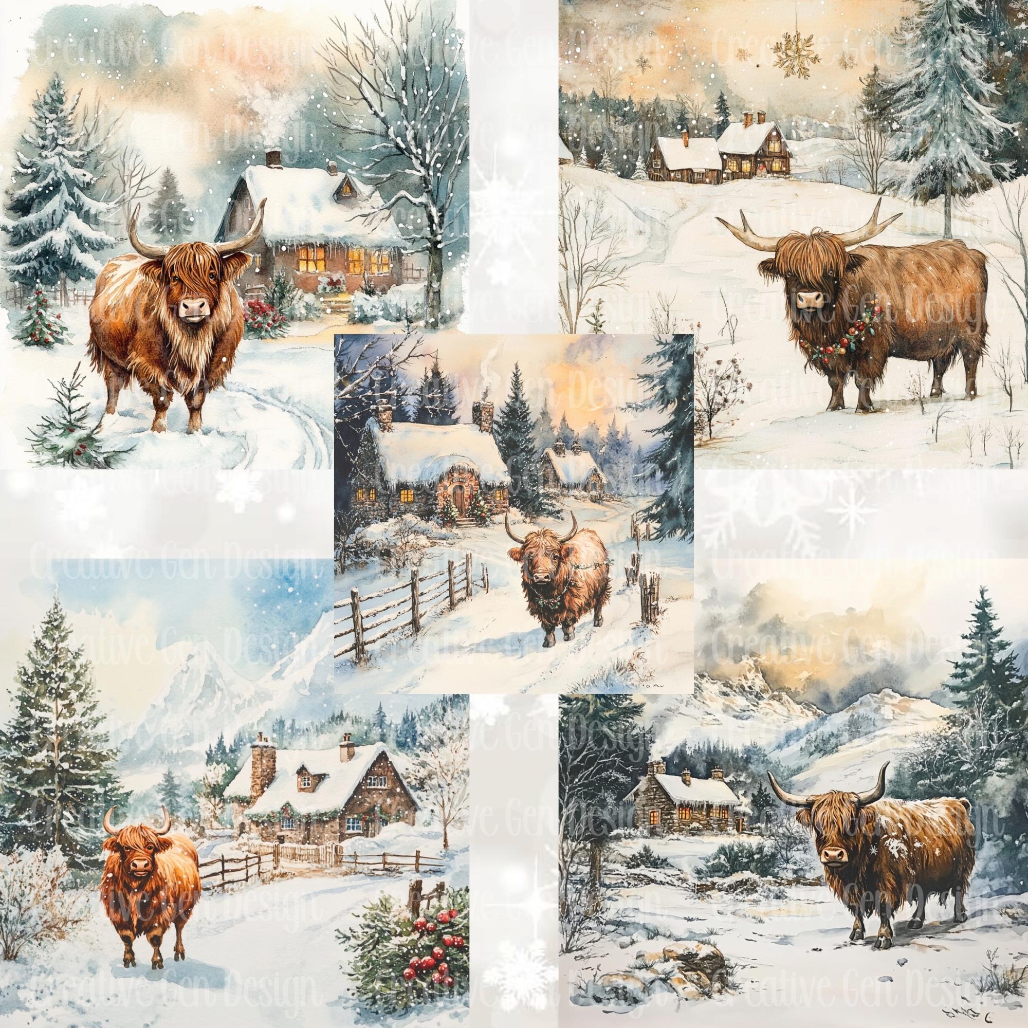 Highland Cow Christmas Watercolor Scenes: Digital Paper Pack (JPG Files ...