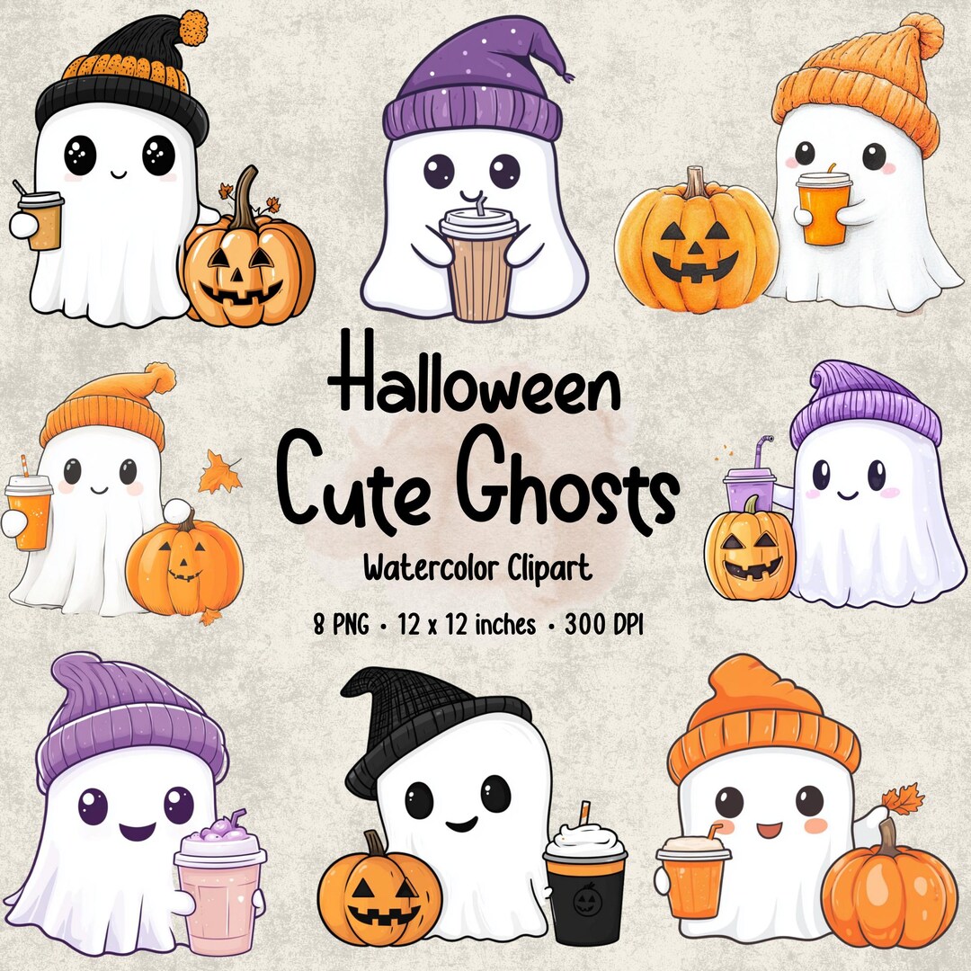 Halloween Cute Ghosts Clipart Watercolor Clipart Bundle Cute Halloween ...