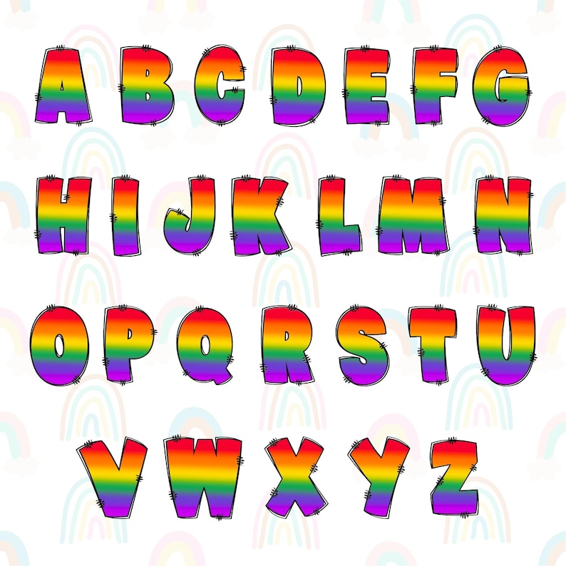 Rainbow Doodle Alphabet Clipart: Glitter PNG Bundle (digital Download ...