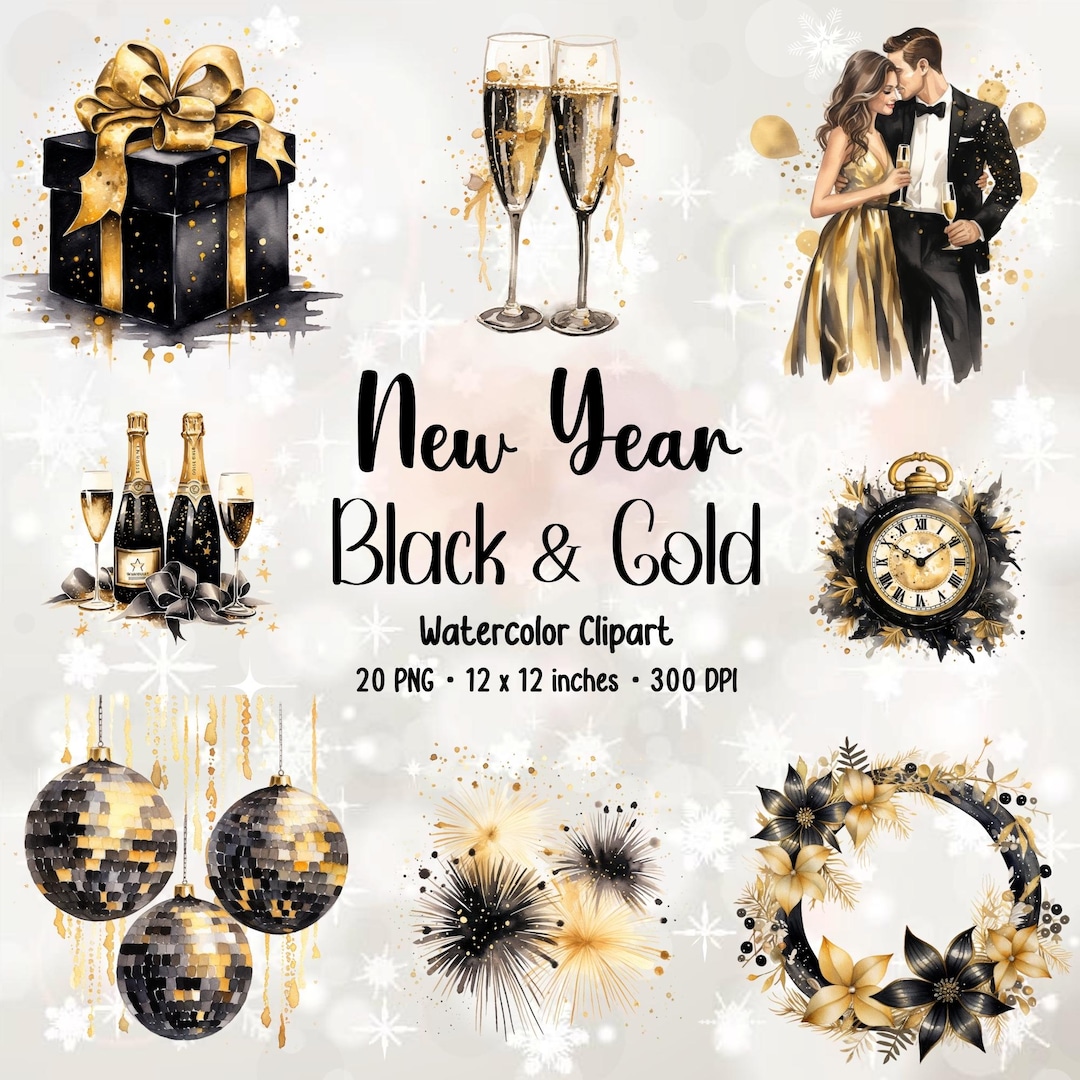 Black and Gold New Year Clipart | New Year's Eve | Clipart Bundle ...