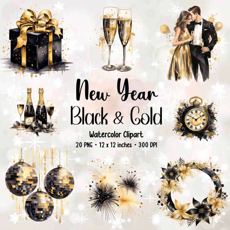 Black and Gold New Year Clipart Bundle (PNG, 300 DPI) - Etsy
