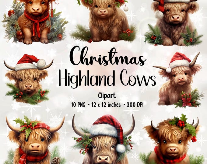 Watercolor Christmas Highland Cow Clipart Bundle, Western Cute ...