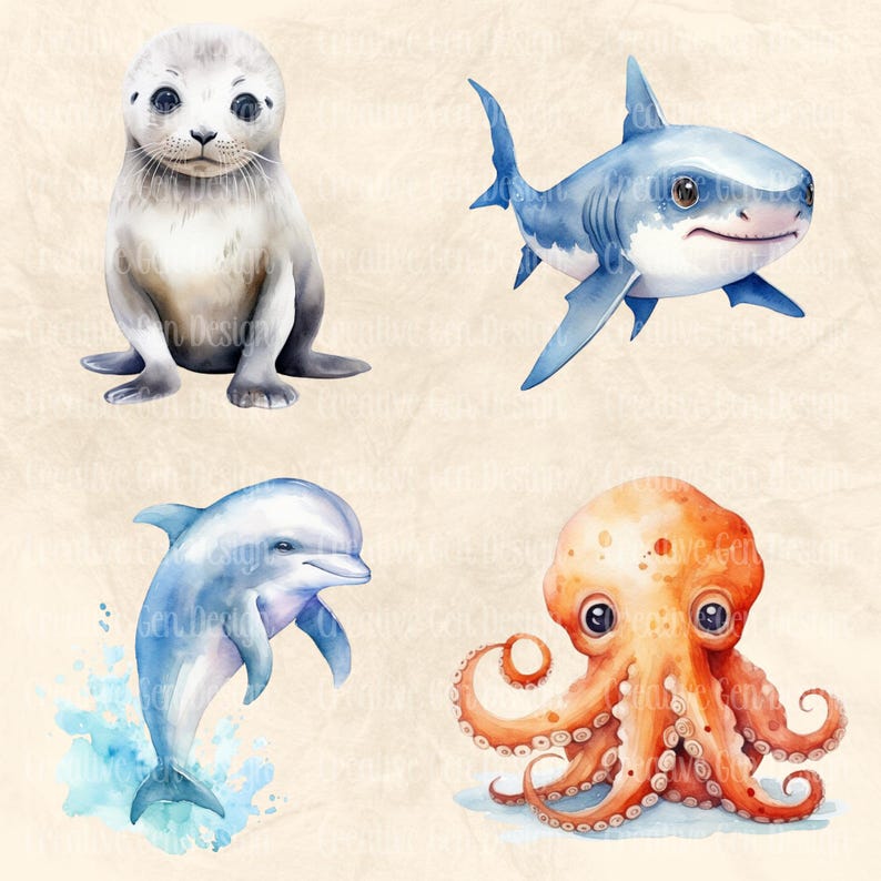 Watercolor Cute Baby Sea Animals Cute Animals Clipart Clipart Bundle ...