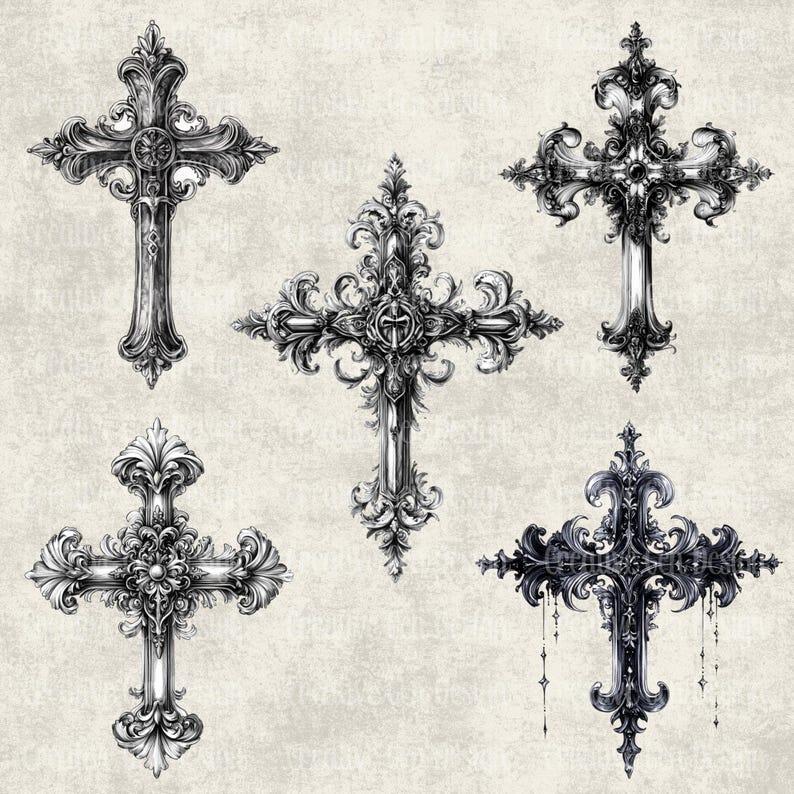 Gothic Halloween Black & White Crosses Clipart | Watercolor Gothic ...