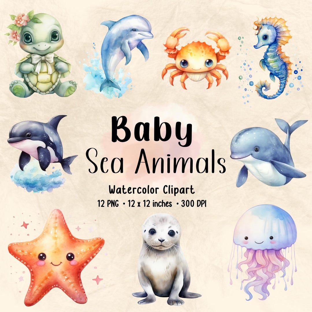 Watercolor Cute Baby Sea Animals | Cute Animals Clipart | Clipart ...