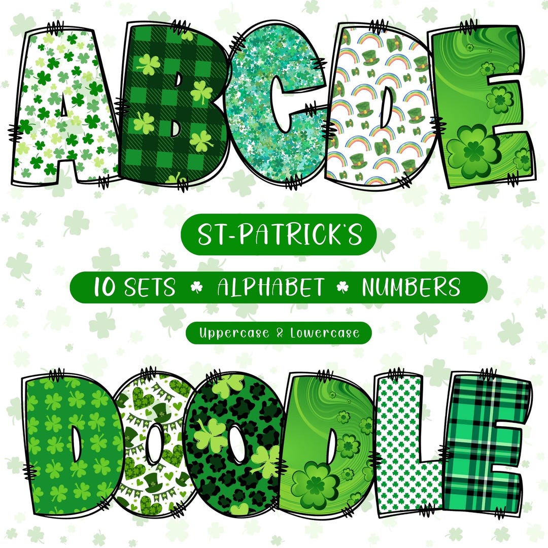 St-patrick's Day Doodle Alphabet Clipart: Shamrock Letters (PNG Digital ...