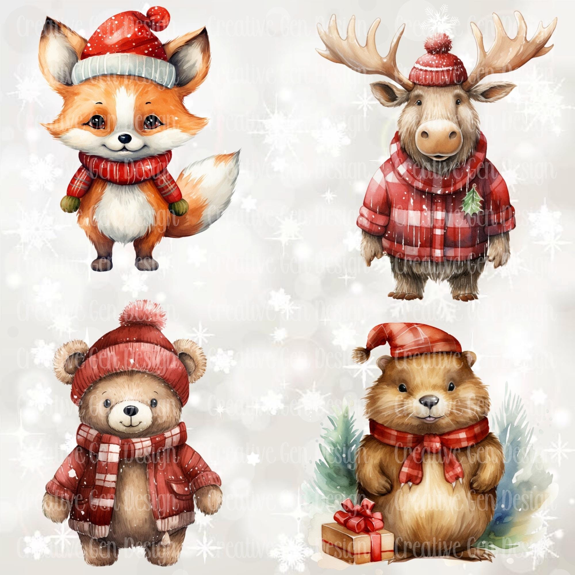 Christmas Watercolor Woodland Animals Clipart Bundle (PNG Digital ...