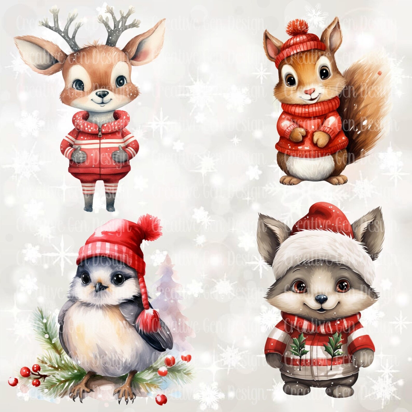 Christmas Watercolor Woodland Animals Clipart Bundle (PNG Digital ...