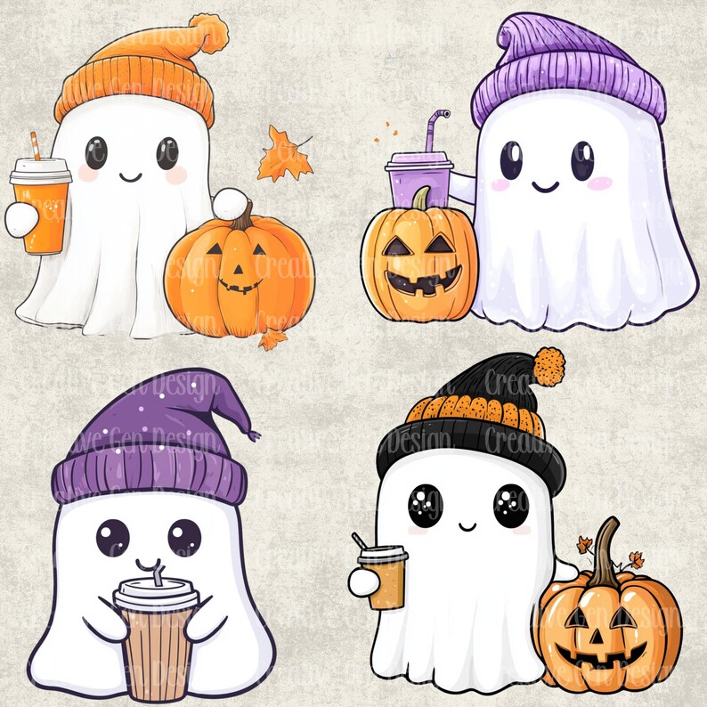 Cute Halloween Ghosts Watercolor Clipart | PNG Bundle - Etsy