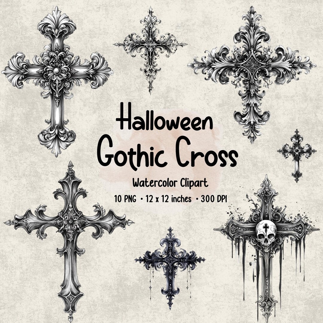 Gothic Halloween Black & White Crosses Clipart | Watercolor Gothic ...