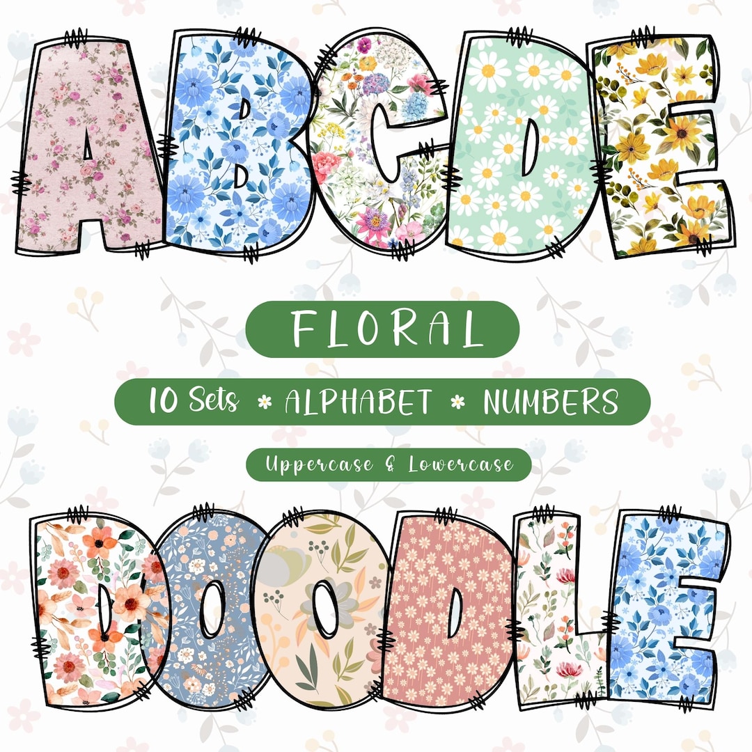 Floral Doodle Alphabet Clipart: Spring Flower Letters (PNG Digital ...