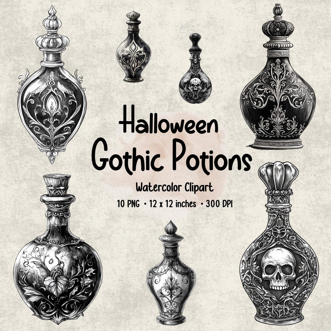 Gothic Halloween Potions Clipart: Black & White Watercolor PNG (digital ...