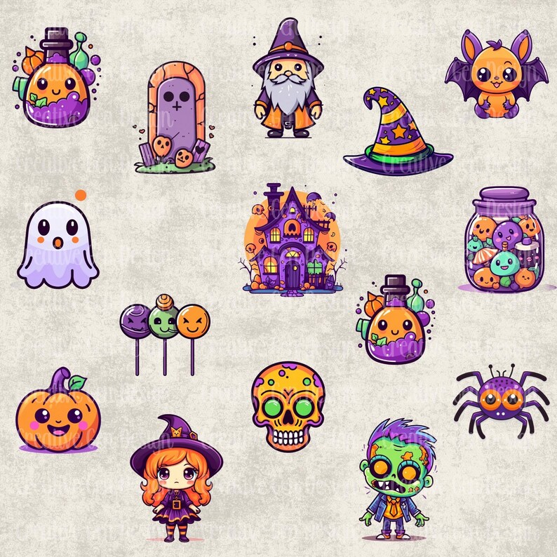 Halloween Cute Watercolor Kawaii Clipart | Watercolor | Clipart Bundle ...